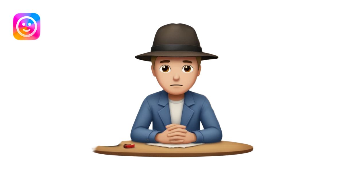 apple style emoji of a man sitting sadly at a table, a house burning ...