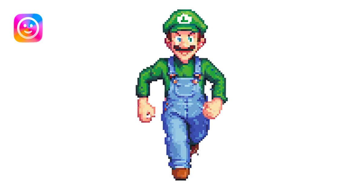 Luigi running, pixel art style, green hat, blue overalls, dynamic ...