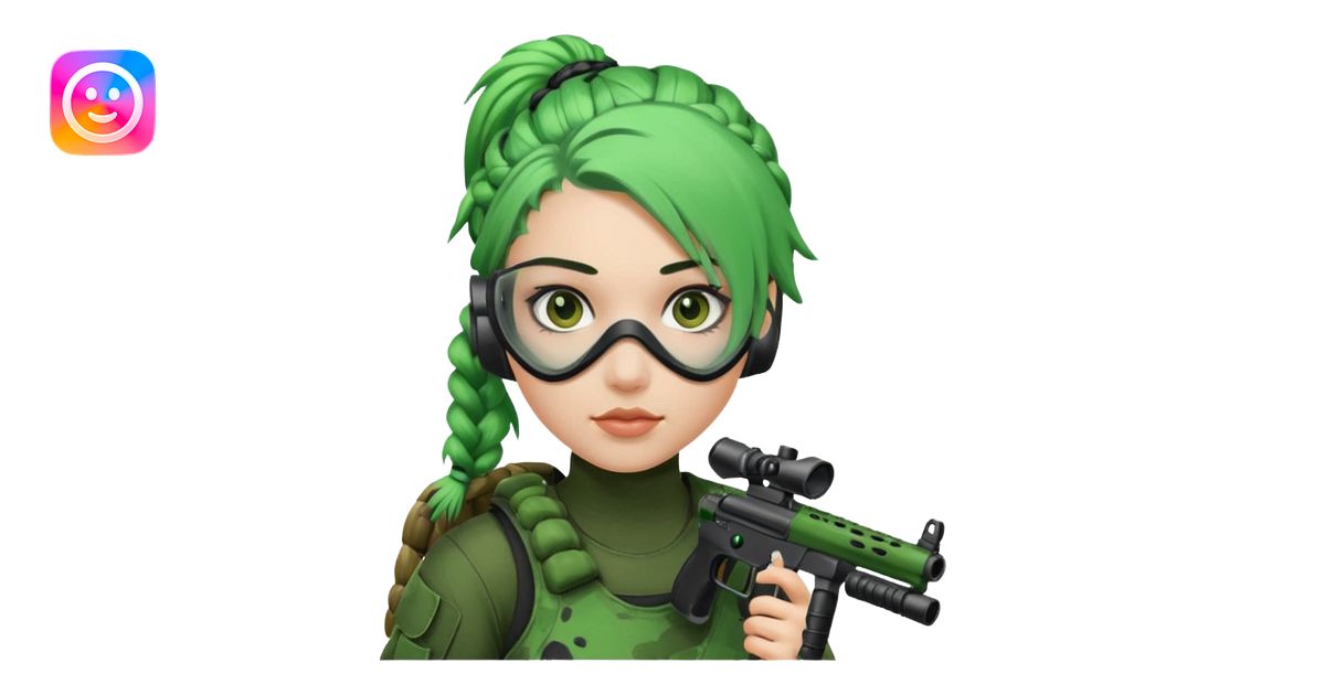 paintball player face girl braided green hair emoji | AI Emoji Generator