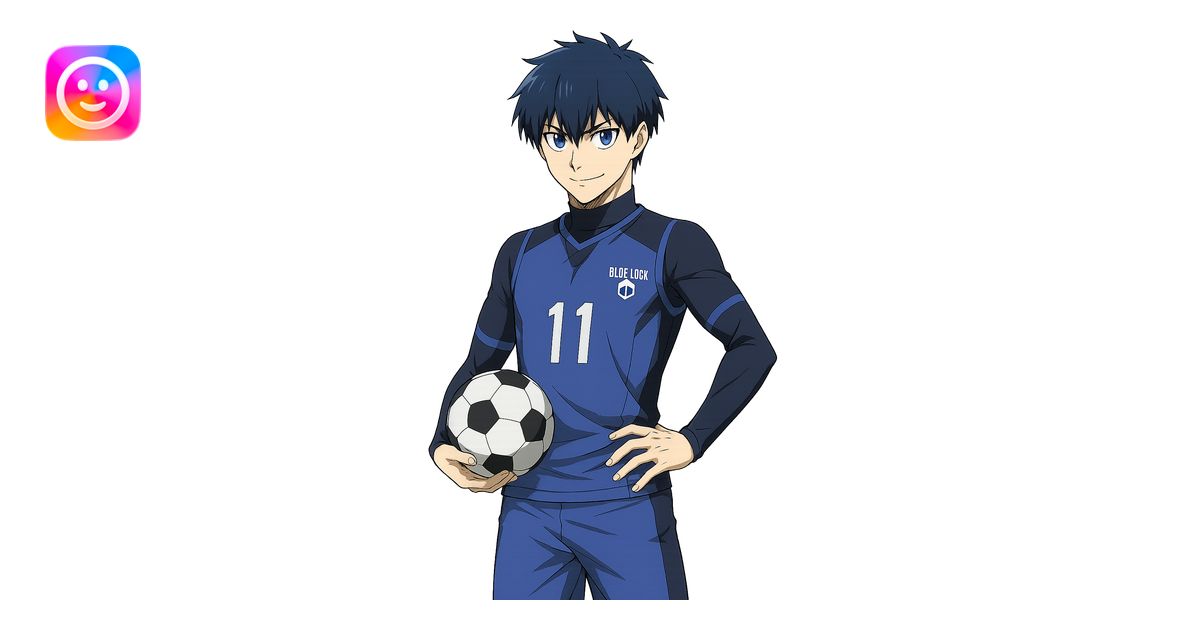Yoichi Isagi from Blue Lock, anime style, blue hair, holding a soccer ...