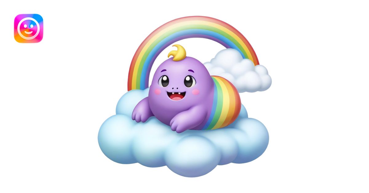 3D, Kawaii derpy fat rainbow monster laying on a magic rainbow cloud ...