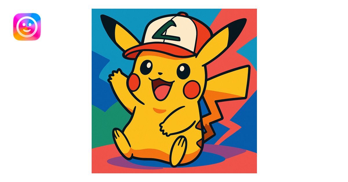 pikachu wearing Ash Ketchum's hat vibrant cartoon style illustration ...