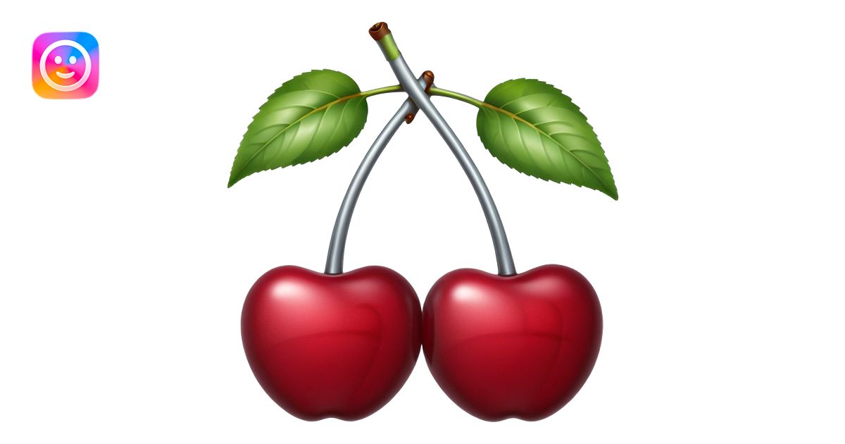 A pair of cherries emoji made of liquid silver chrome, smooth rounded ...