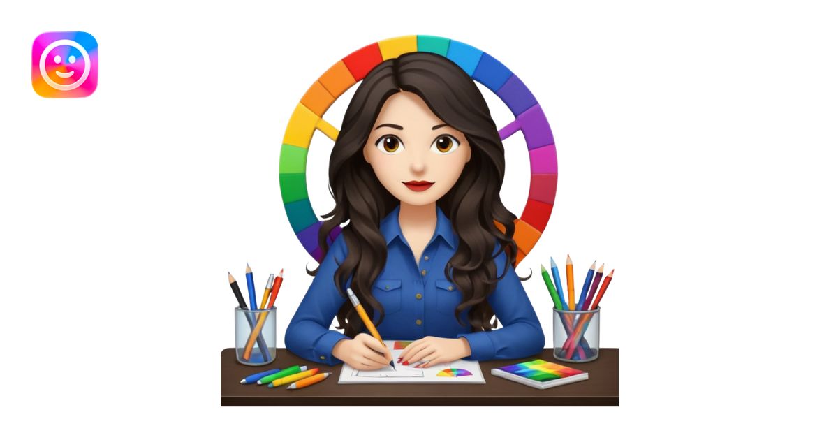 female dark wavy long hair graphic designer , color wheel, pens, papers ...