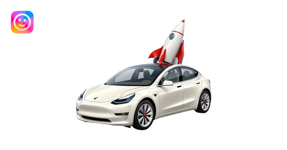 Tesla model 3 white. Rocket boost on roof emoji | AI Emoji Generator