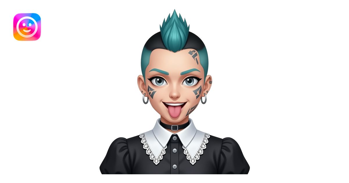 anime girl, silly face, tongue out, face tattoos, mohawk teal hair ...