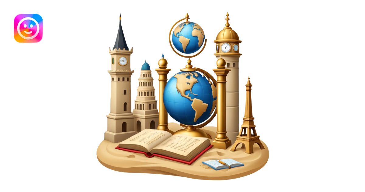 icon featuring ancient scrolls, quill pen, and a globe, with famous ...