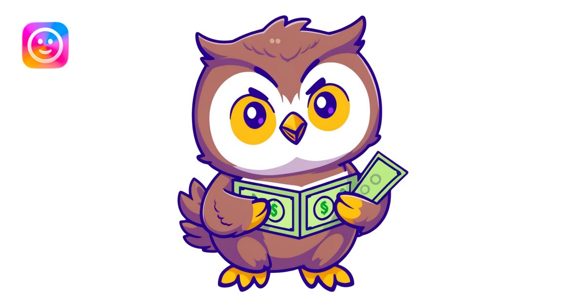 cute owl character symbolizing wealth luck, large green eyes, sparkling ...