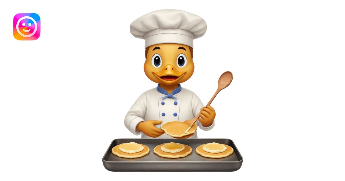 A chef duck wearing a tiny apron, making pancakes on a pan emoji | AI ...