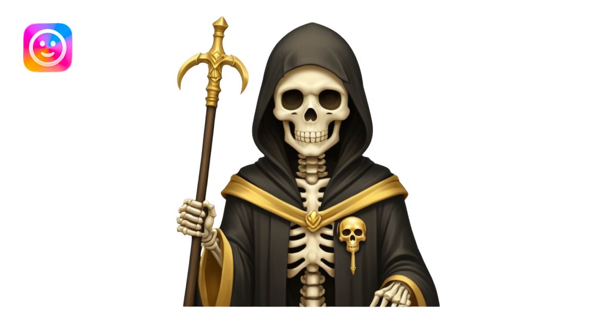 skeleton grim reaper in a gold with scythe emoji | AI Emoji Generator