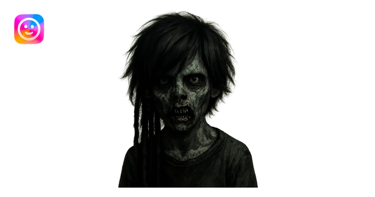boy zombie with black medium-long emo shaggy hair and dreads, dark and ...