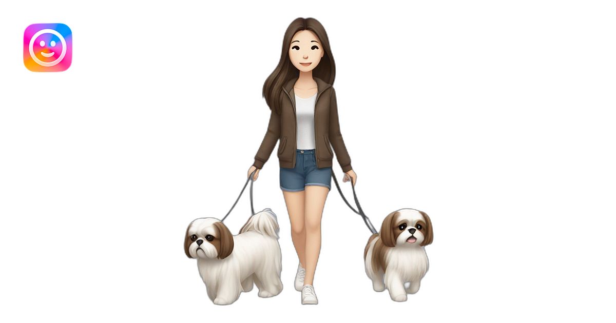 a asian girl with long brown hair walking with a white and brown shih ...