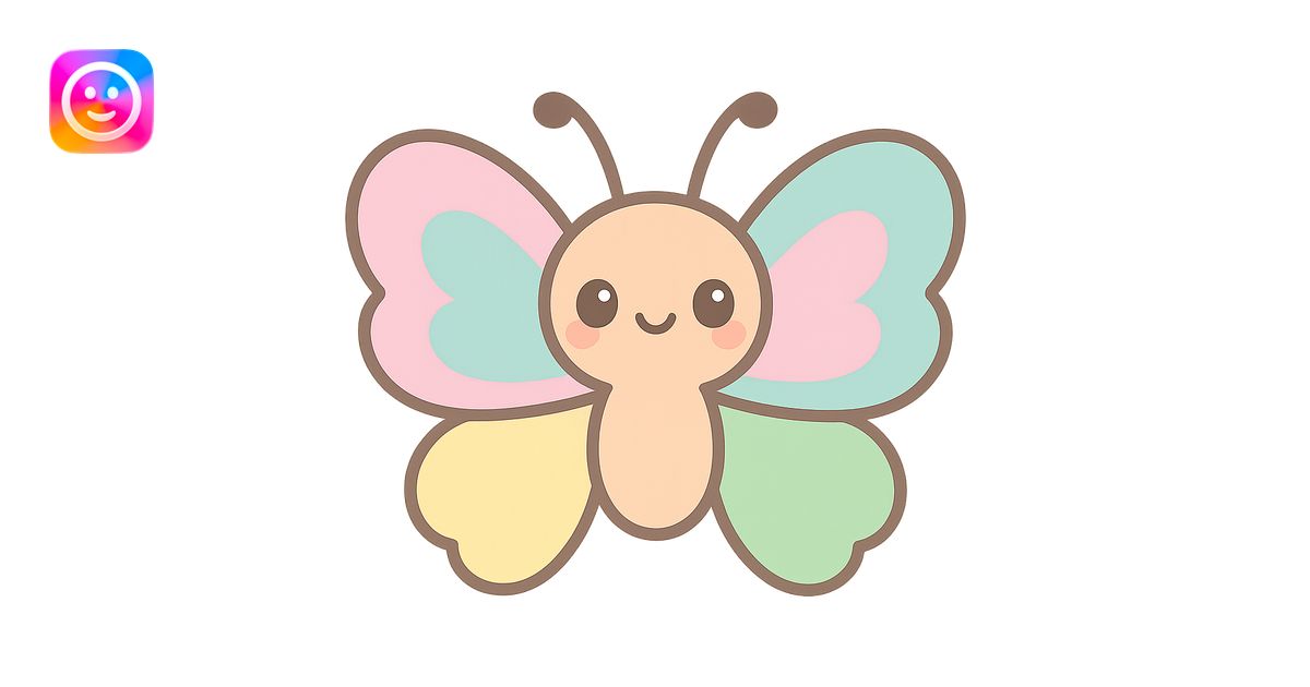 kawaii butterfly with a cute face, pastel rainbow wings, simple and ...
