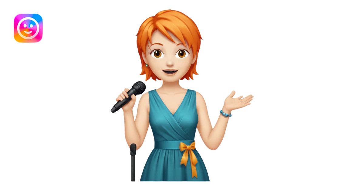singer, Middle age, orange hair, happy, holding mic, wearing dress ...