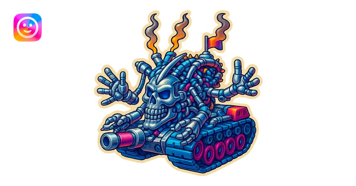 Edit the skull robot tank to have 4 distinct arms, all metal parts ...