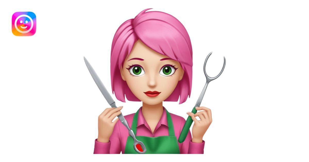 A hairdresser with scissors behind her head ️🩶(Pink, red and green ...