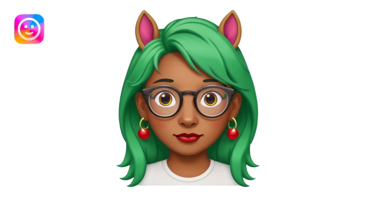 unicorn with green hair and big red earrings looking into camera and ...