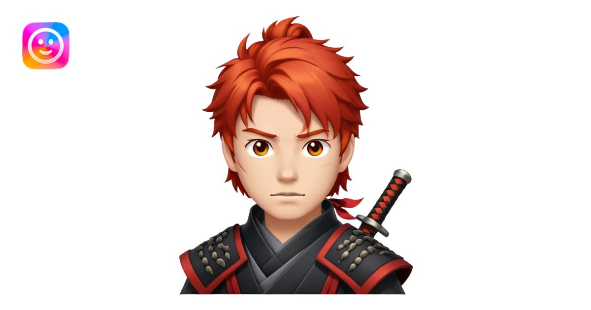 Teenager male, shaggy red hair, grey eyes, fire element, samurai emoji ...