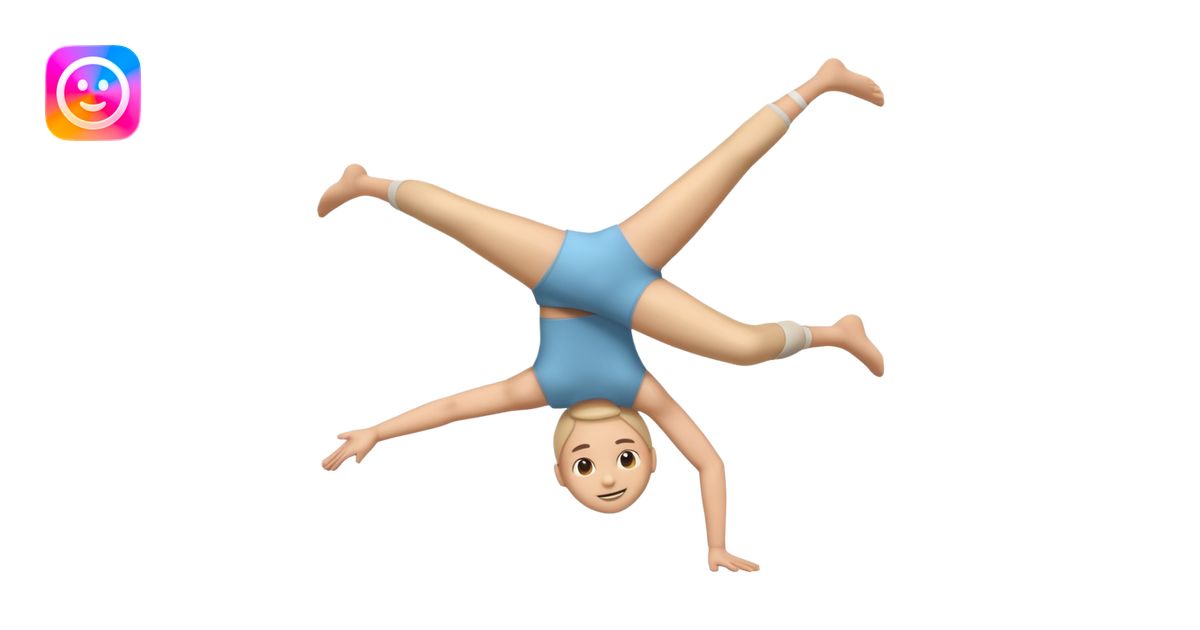 3D emoji style person doing cartwheel/flip pose, centered, soft shadow ...