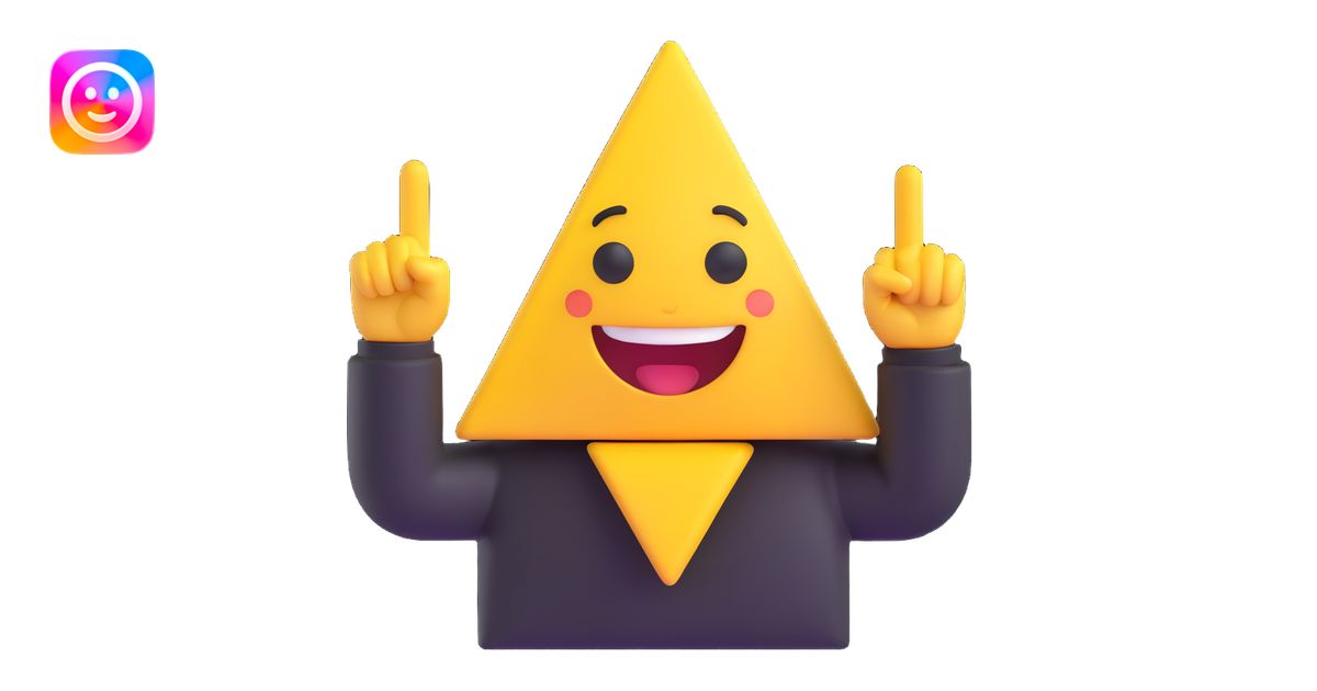 A 2D cartoon-style yellow emoji with a mischievous smile, triangle ...