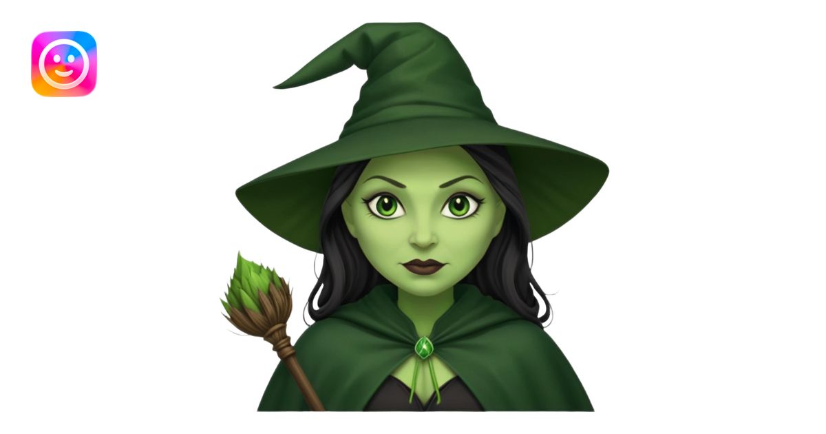 elphaba wicked witch with broom close up, evil dark coily long hair ...