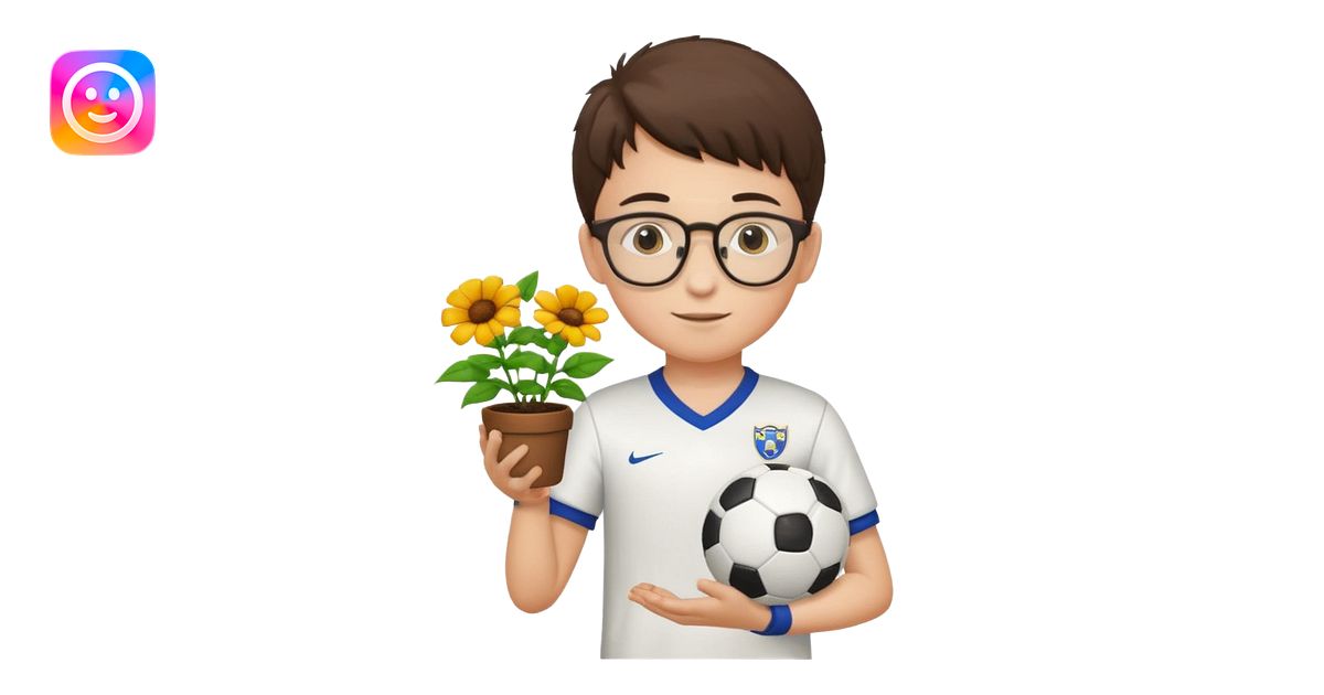 young boy wearing glasses, wearing soccer uniform, holding a flower pot ...