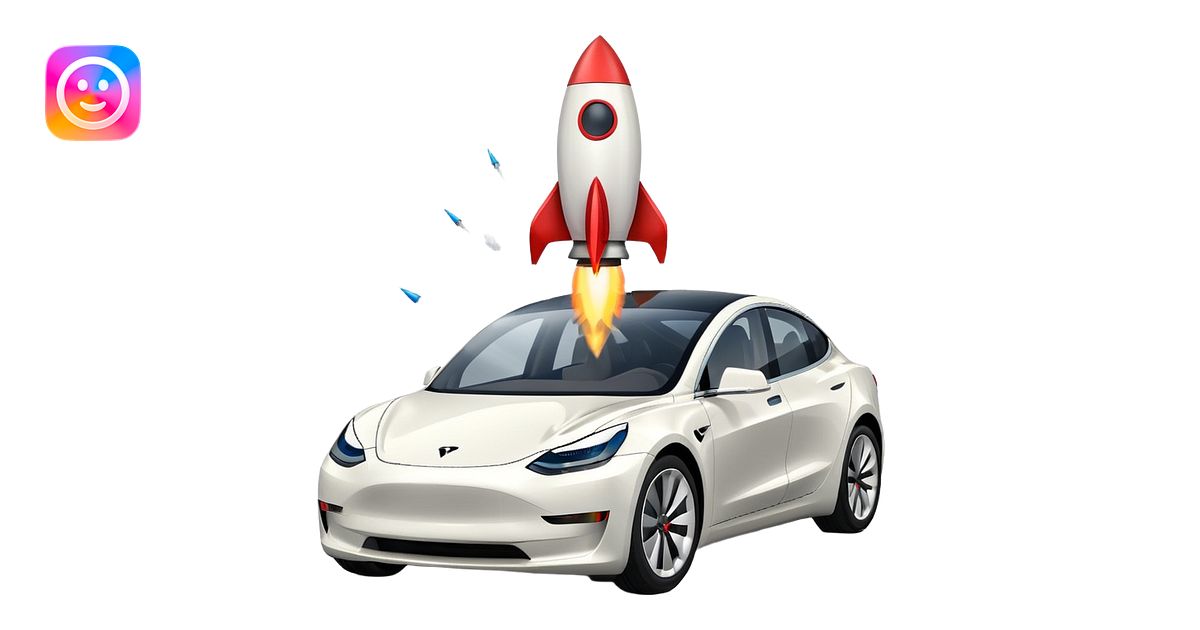 Tesla model 3 white. Icon. Rocket boost on roof emoji | AI Emoji Generator