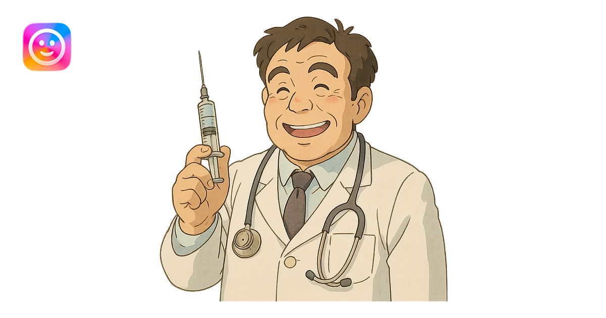 happy doctor with syringe, ghibli style illustration | AI Emoji Generator
