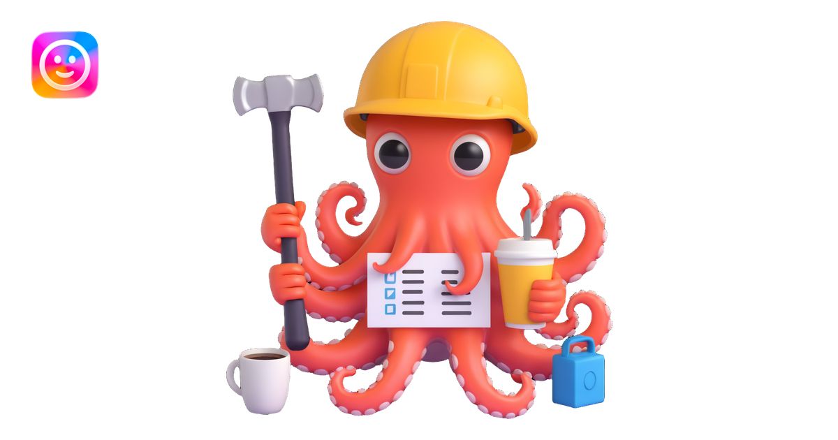 A tired worker wearing a helmet, depicted as an octopus with multiple ...