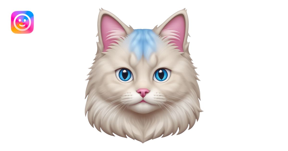 Fluffy Siberian cat face emoji, white and grey long hair, bright blue ...