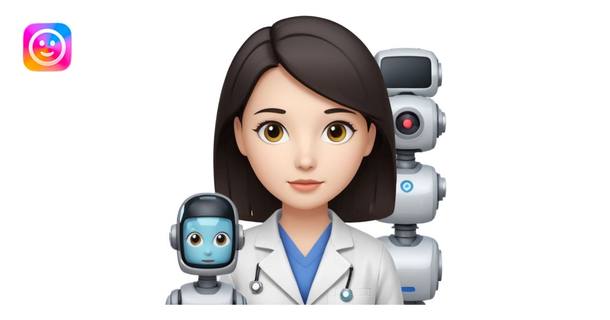 female AI robotics engineer with dark hair, and mobile robot near emoji ...