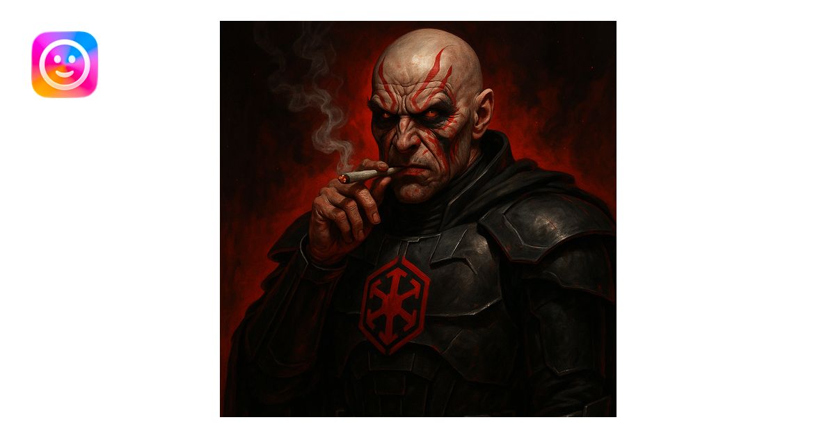 a sinister sith lord in black armor, helmet off, smoking a joint, red ...