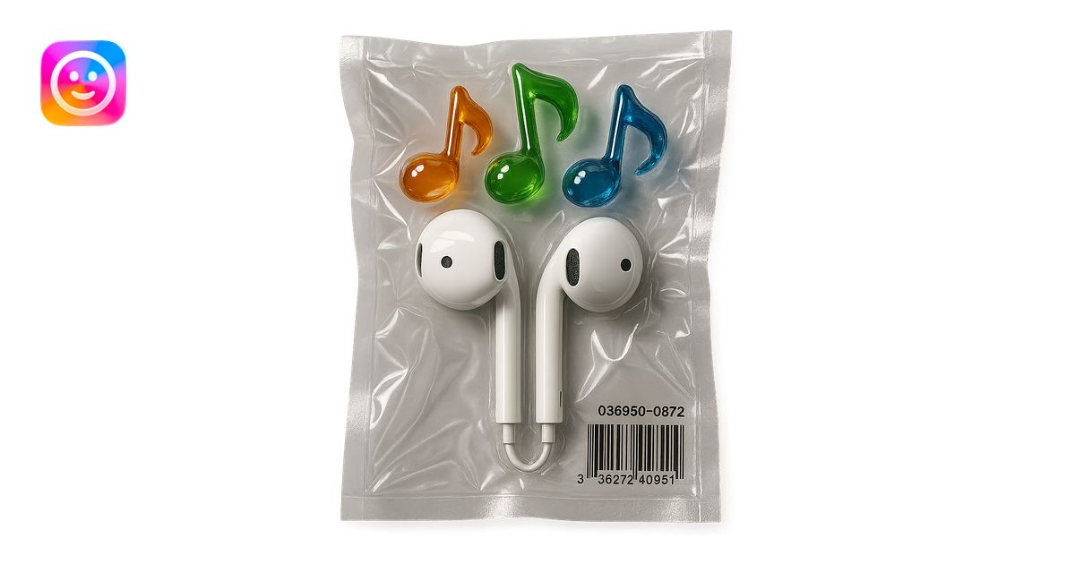 pair of white EarPods with three distinct colorful glass music notes ...