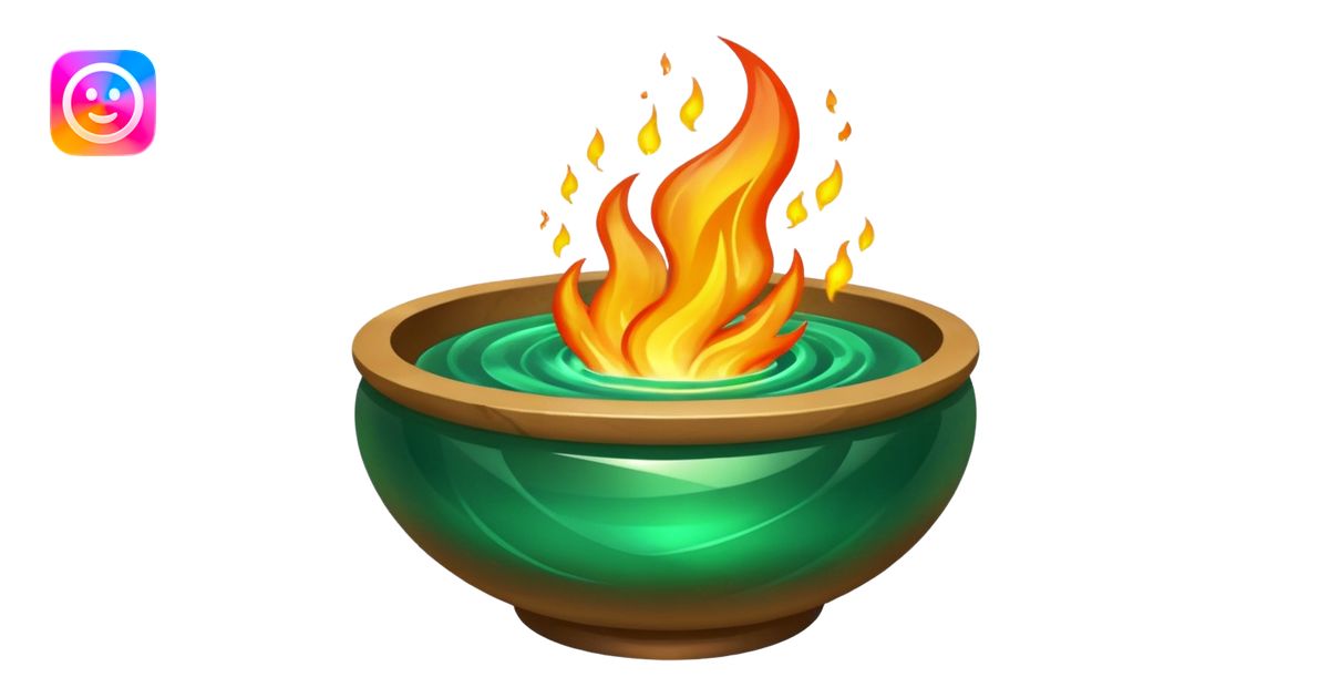 Enchanted emerald fire rising from a stone bowl emoji | AI Emoji Generator