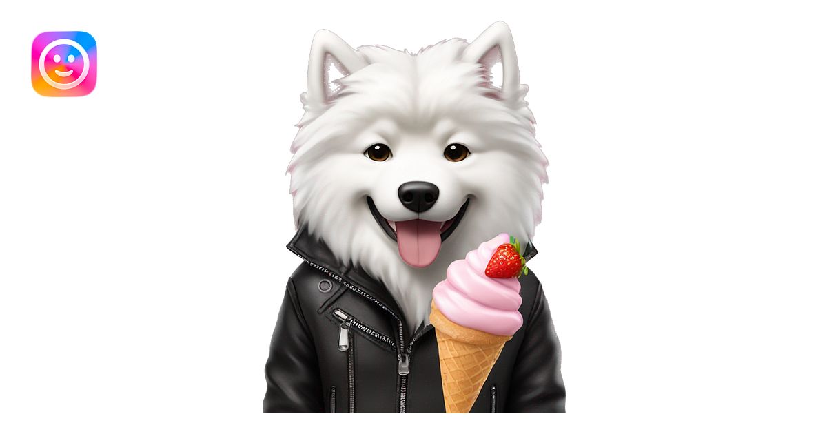 Samoyed dog eating vanila strawberry ice cream wearing black leather ...