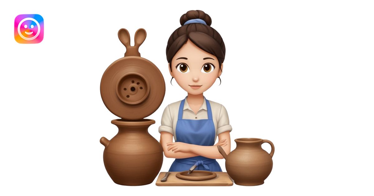 Brunette girl with bun, behind pottery wheel emoji | AI Emoji Generator