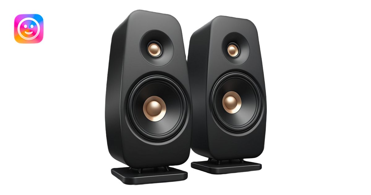 pair of big speakers emoji, deep matte black metal body, circular ...