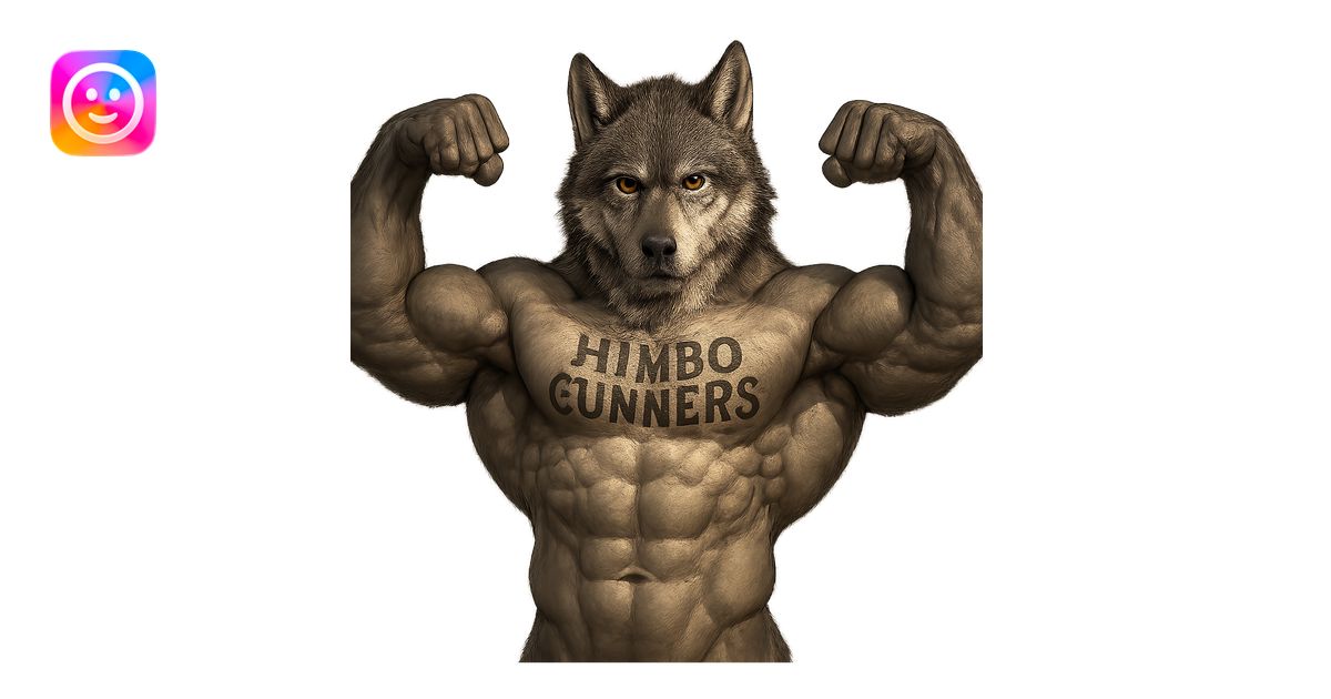 realistic, very muscular wolf furry, shirtless, 'Himbo Gunners' tattoo ...
