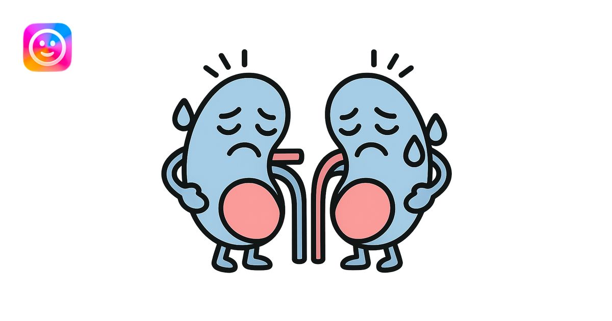 cartoon kidneys with stress lines and sweat, holding their sides, tired ...