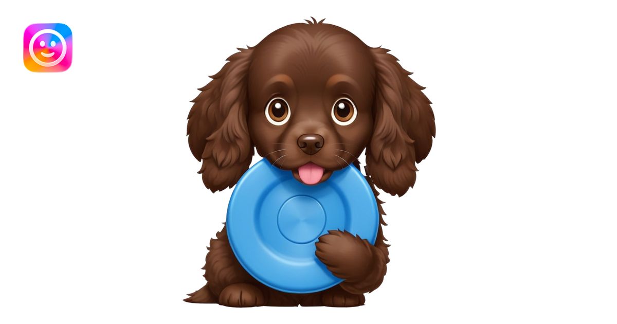 Chocolate brown cocker spaniel with blue frisbee in mouth emoji | AI ...