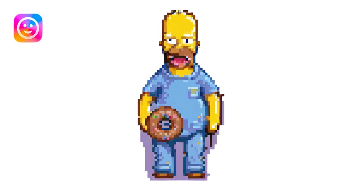 Pixel art Homer Simpson, simplified, holding a bitten donut ...
