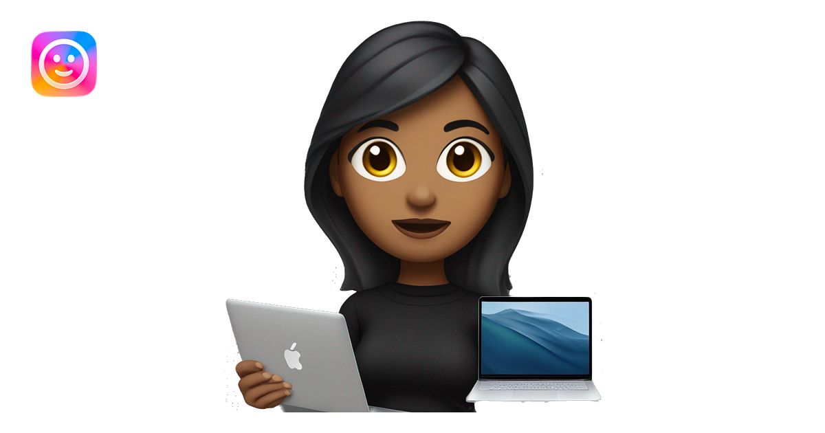 memoji of a woman with a laptop in front, apple-style,modern,dark hair ...