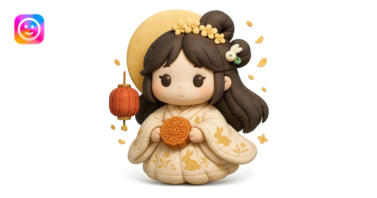 cute chibi girl in moon-white hanfu with gold moon rabbit patterns ...