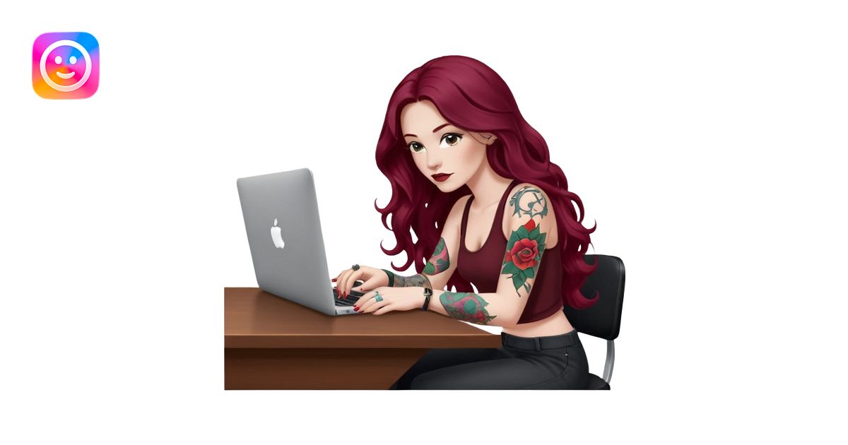 Realistic Macbook pro, side view of female, long burgundy wavy hair ...