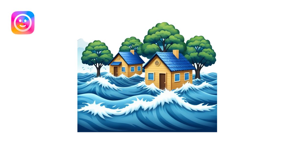 showing a flood disaster scene with powerful blue water waves ...