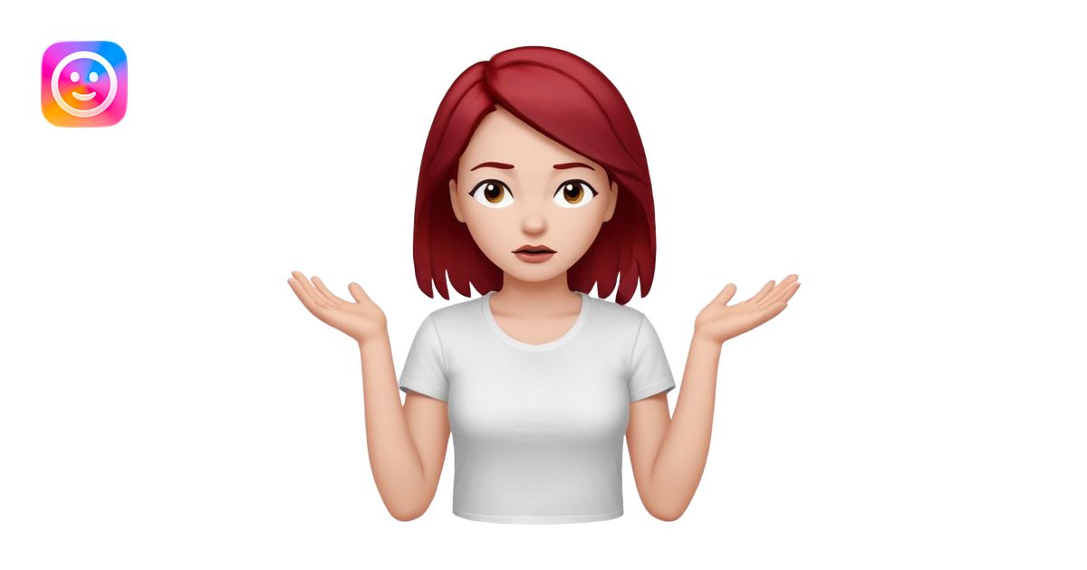 younger woman shrugging, eyes closed, white t-shirt, dark red hair, black eyebrows emoji | AI ...