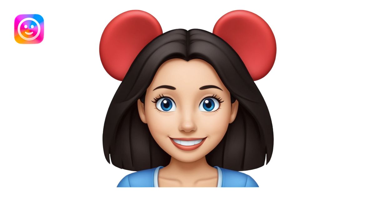 Blue eyes Dark straight medium hair woman happy wearing Mickey Mouse ...