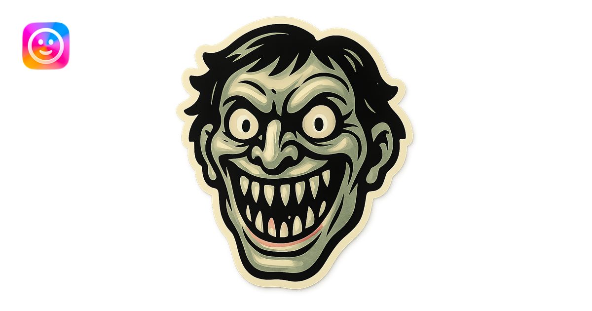 creepy face with sharp teeth and wide smile, retro stickers style ...