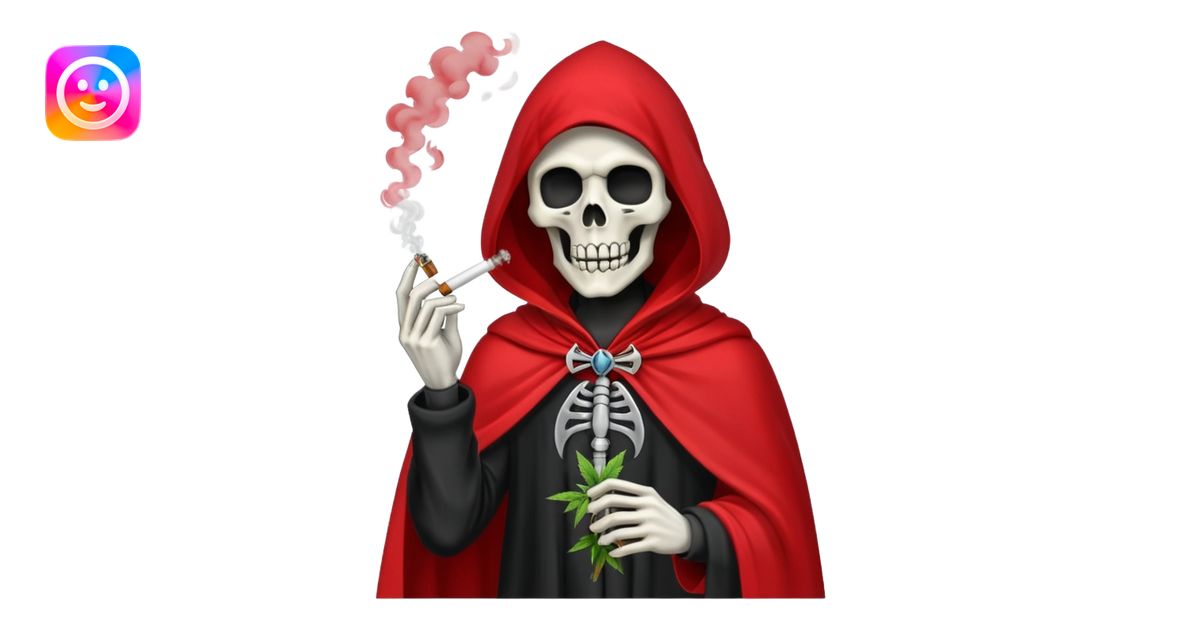 grim reaper in red cape smoking weed with loads of smoke in the air ...