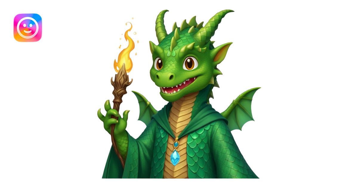 A dragon wearing wizard robes, casting a spell with a curious grin ...